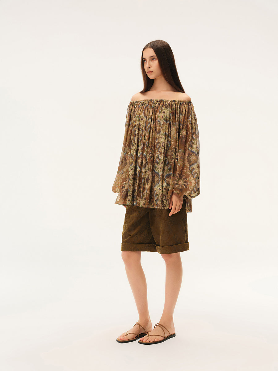 INTO THE EAST Spring/Summer 2026 Palm Scroll Off-Shoulder Top ITE-E1JB