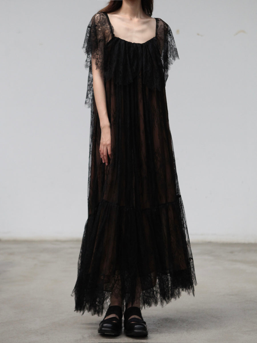 Maison Yiy Off-Shoulder Ruffled Lace Midi Dress MY-MY26SC05-2-Black