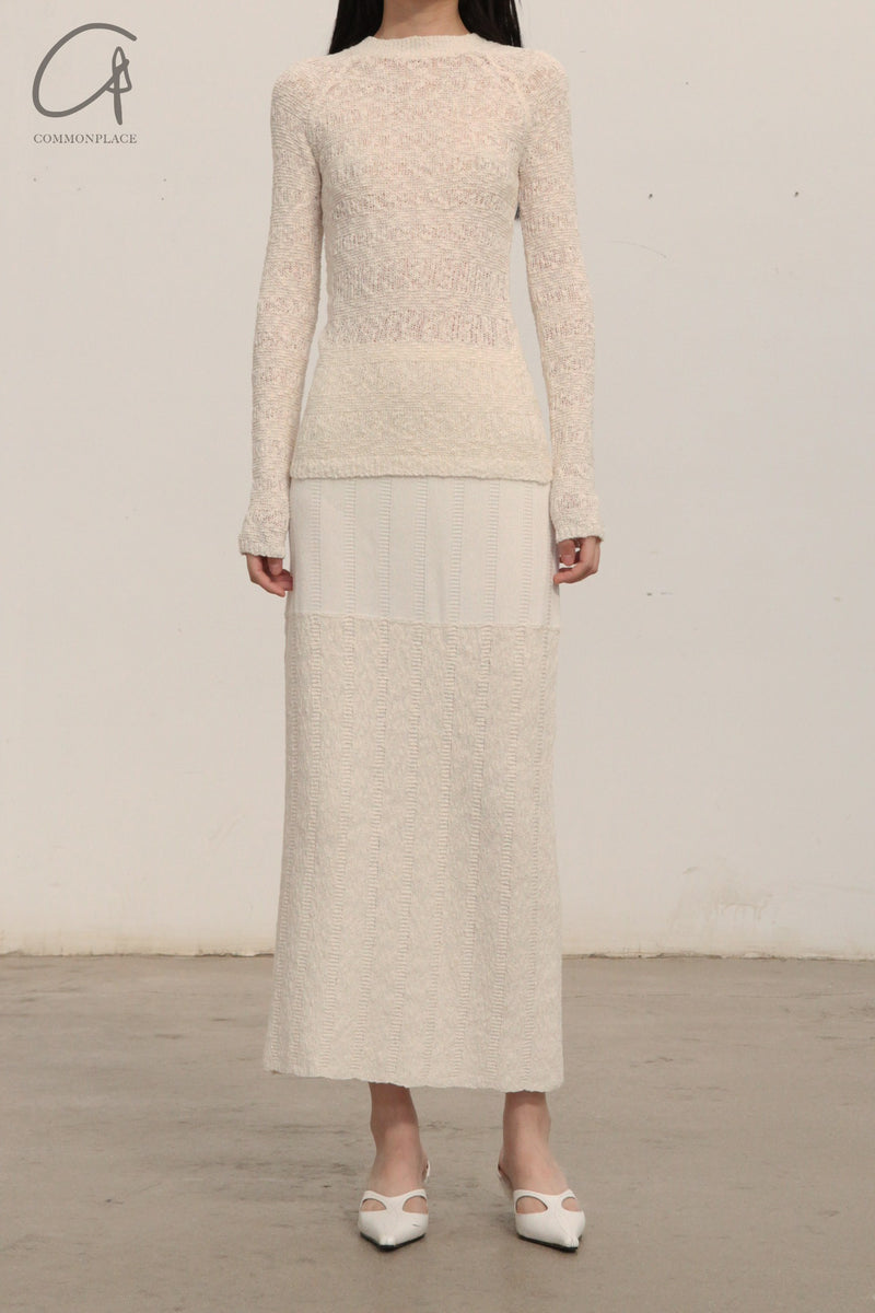 SWAYING/KNIT striped diagonal sleeve bottoming shirt SW23AW1T14 white