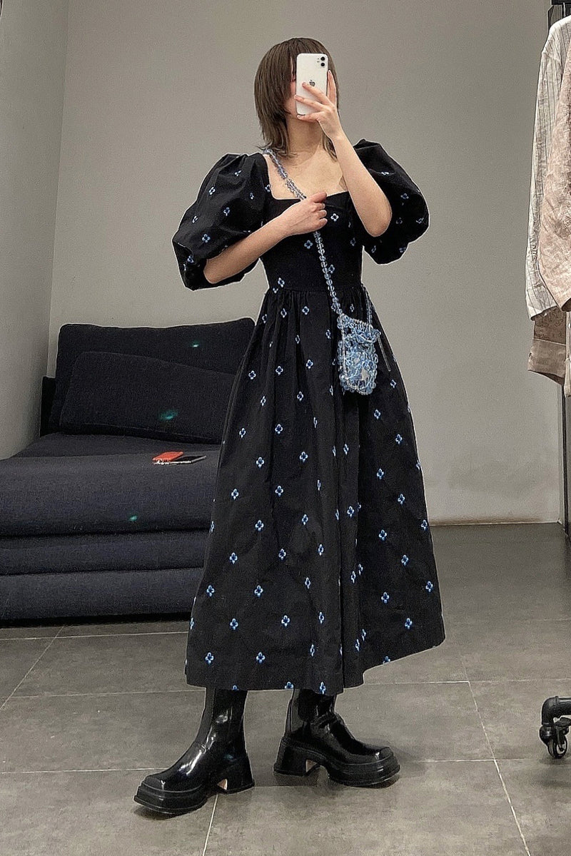 MING MA SS21 DR08-BKCN One-piece neck puff sleeve dress