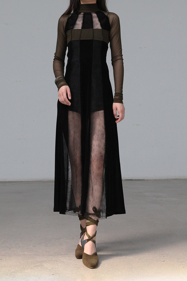 Un Morceau Raglan High Neck and Chest Stitching Dress (with corset) UM